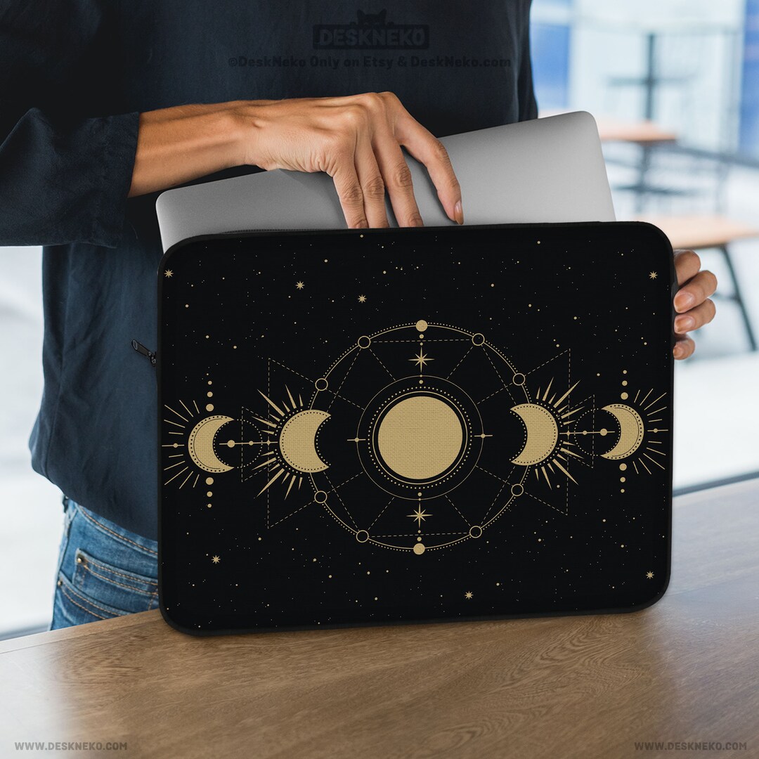 Moon Phases Laptop Sleeve, Black Gold Computer Bag for Women, Witchy ...