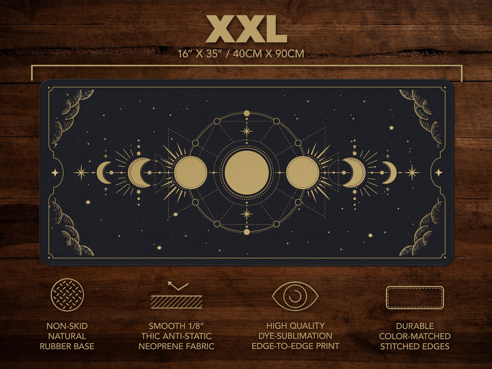 Moon Phases Mousepad Celestial Desk Mat Xl Gold Moon Cycle - Etsy