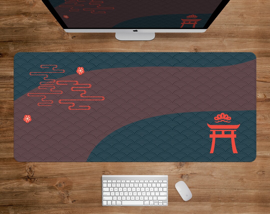 Japanese Desk Mat, Sage Green Oriental Pattern Mousepad Xl, Red Asia ...