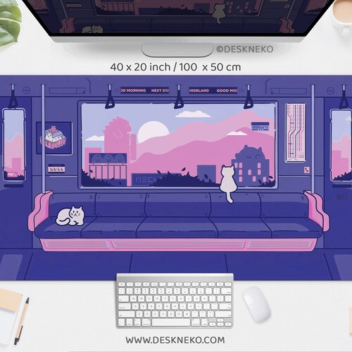 Purple Deskmat Kawaii Mousepad Cute Cats Large Gaming Mouse - Etsy