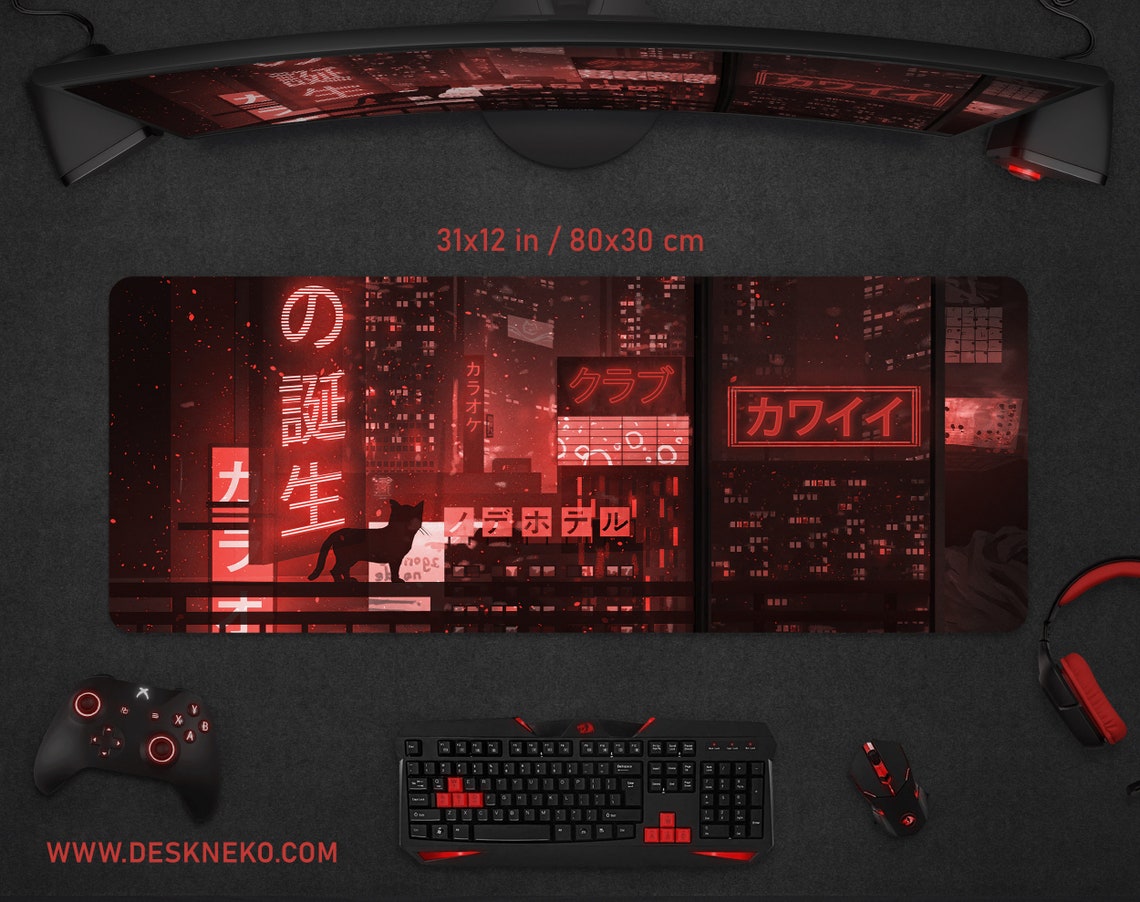 Red Gaming Mousepad Desk Mat Neon Tokyo Street Japanese City - Etsy