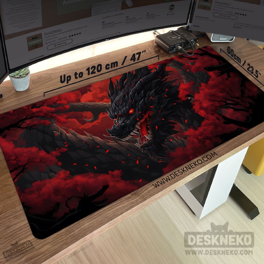 Red Dragon Desk Mat: Play Mat Mouse Pad, Black Japanese Keyboard ...