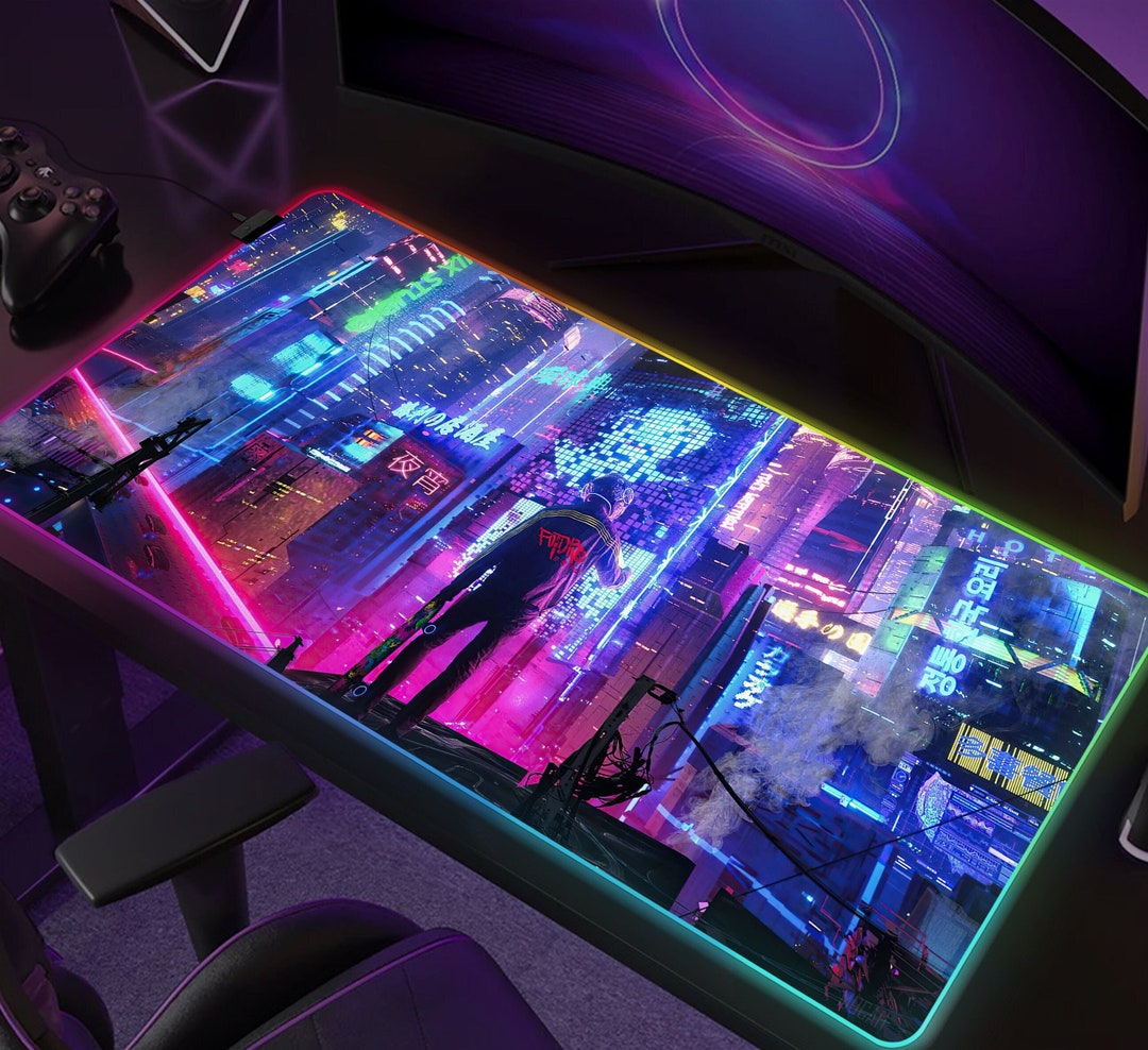 Cyberpunk City Desk Mat Gaming Mousepad RGB, Vaporwave Anime Deskmat ...