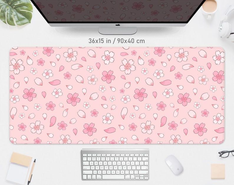 Cherry Blossom Desk Mat Kawaii Pink Mousepad, Cute Pastel Anime ...