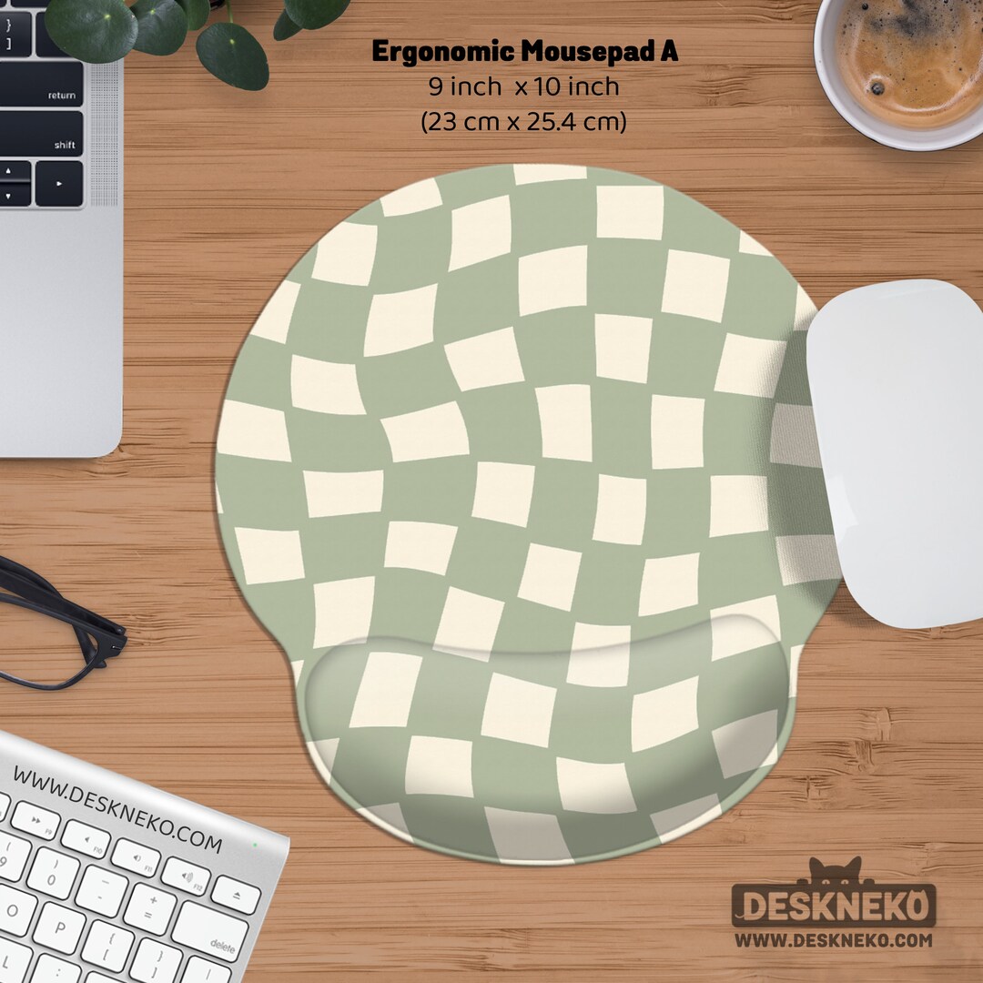 Checkered Mouse Pad With Wrist Rest, Green Groovy Boho Sage Beige ...