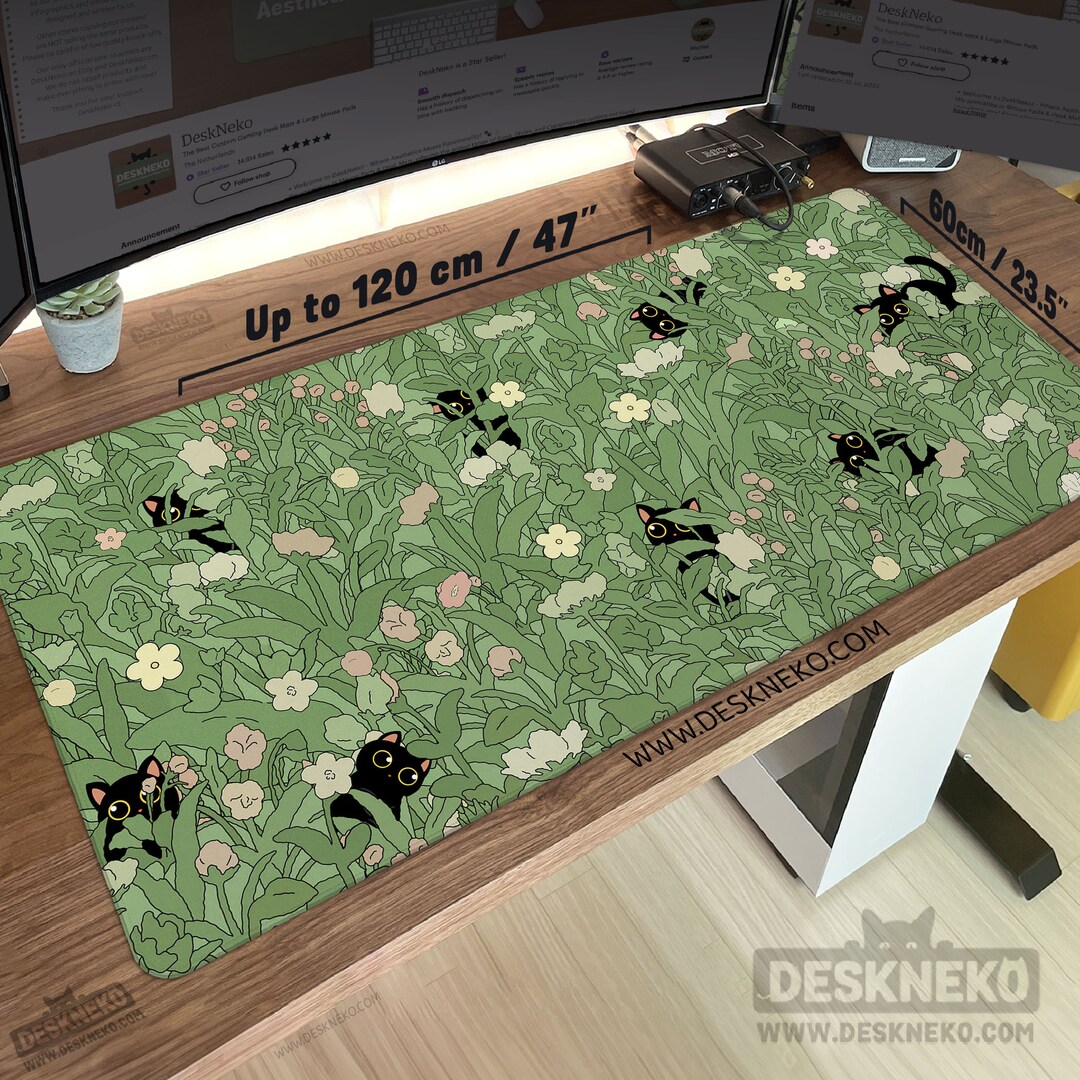 Cute Cats Desk Mat: Kawaii Mouse Pad, Green Mousepad Xxl, Aesthetic ...