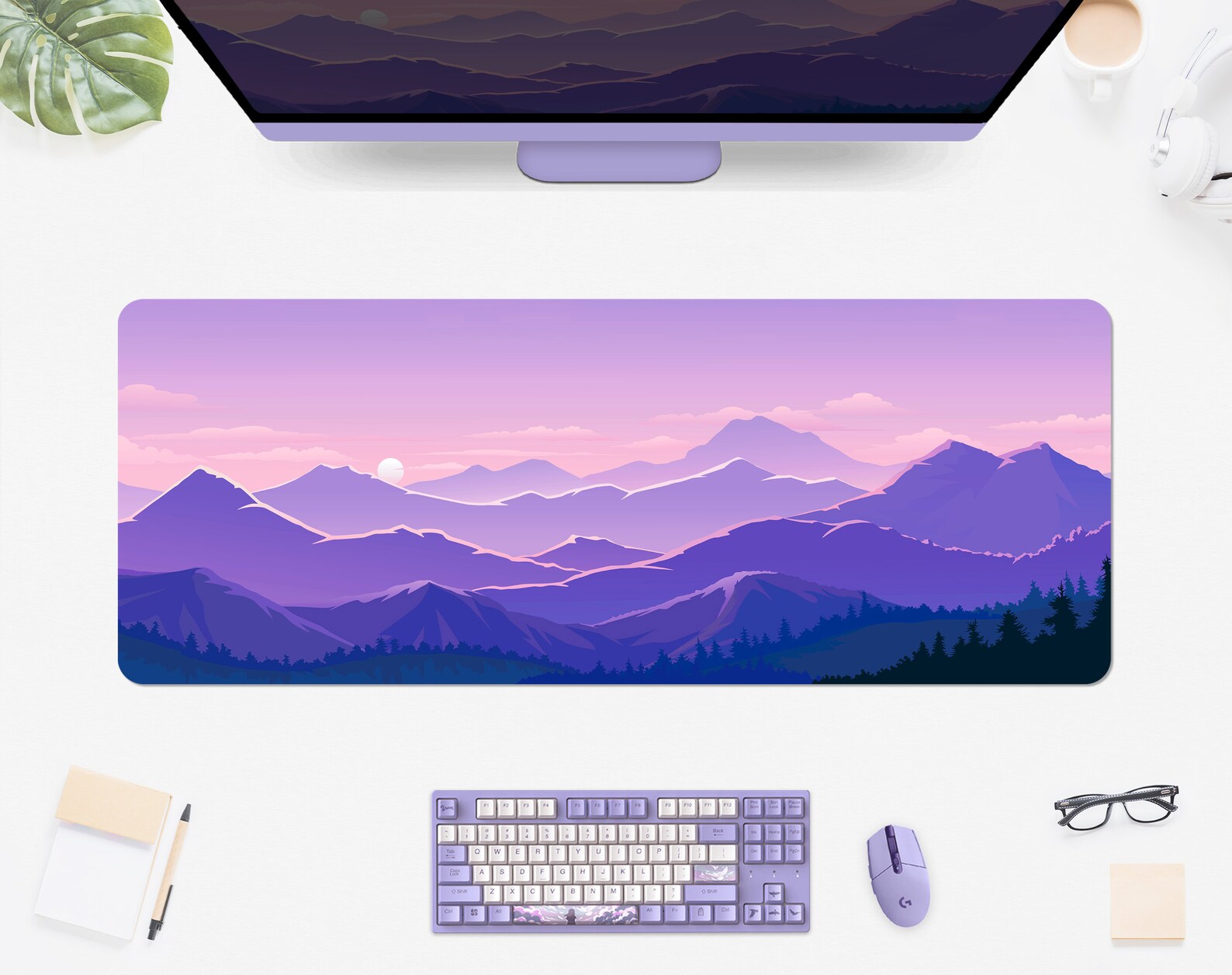 Purple Desk Mat Nature Mousepad, Pastel Lilac Mountains, Cute Japanese ...