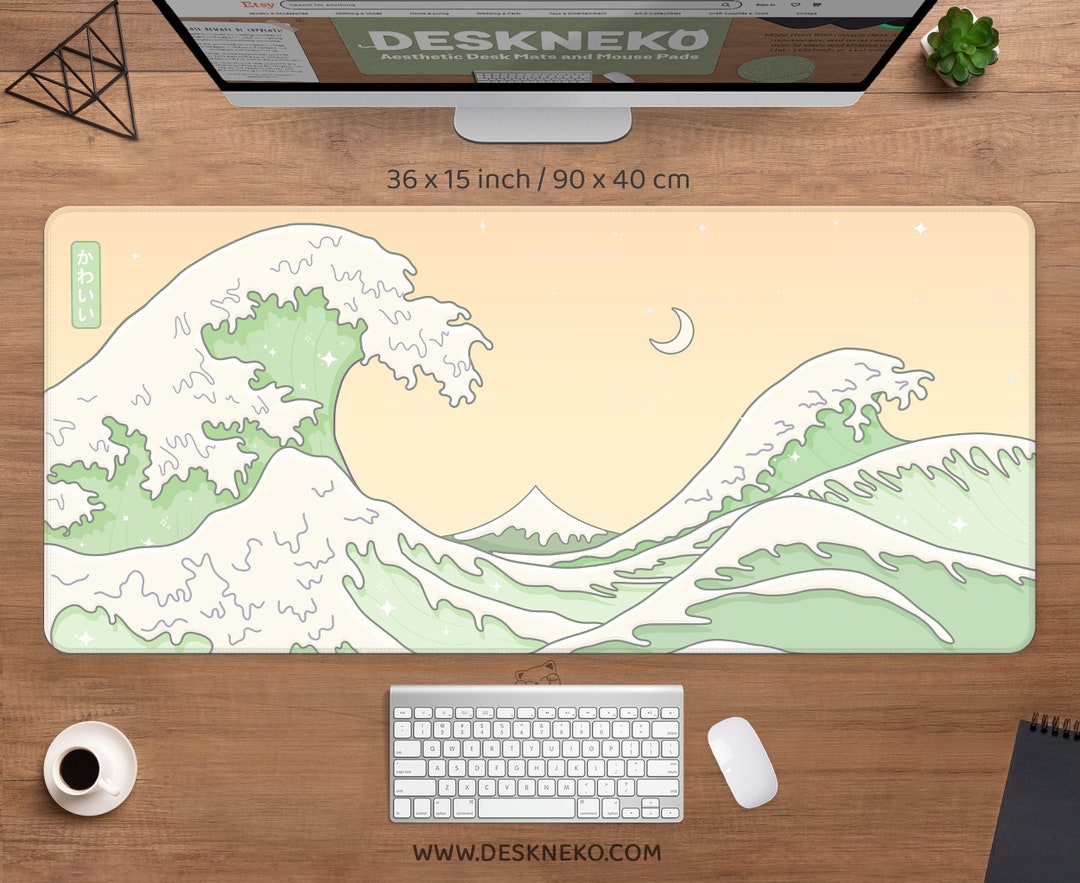 Matcha Desk Mat Great Wave, Japanese Mousepad Kawaii Ocean Aesthetic ...