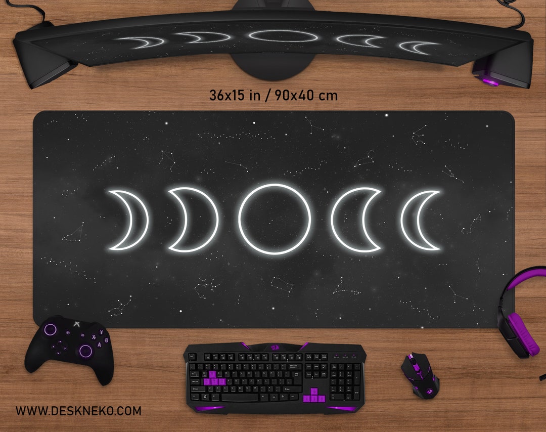 Moon Phases Desk Mat Space Mousepad Stars, Black Sky Zodiac ...