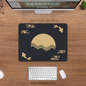 Japanese Desk Mat, Black & Gold Mousepad, Koi Fish Sun Cloud Japan Art ...