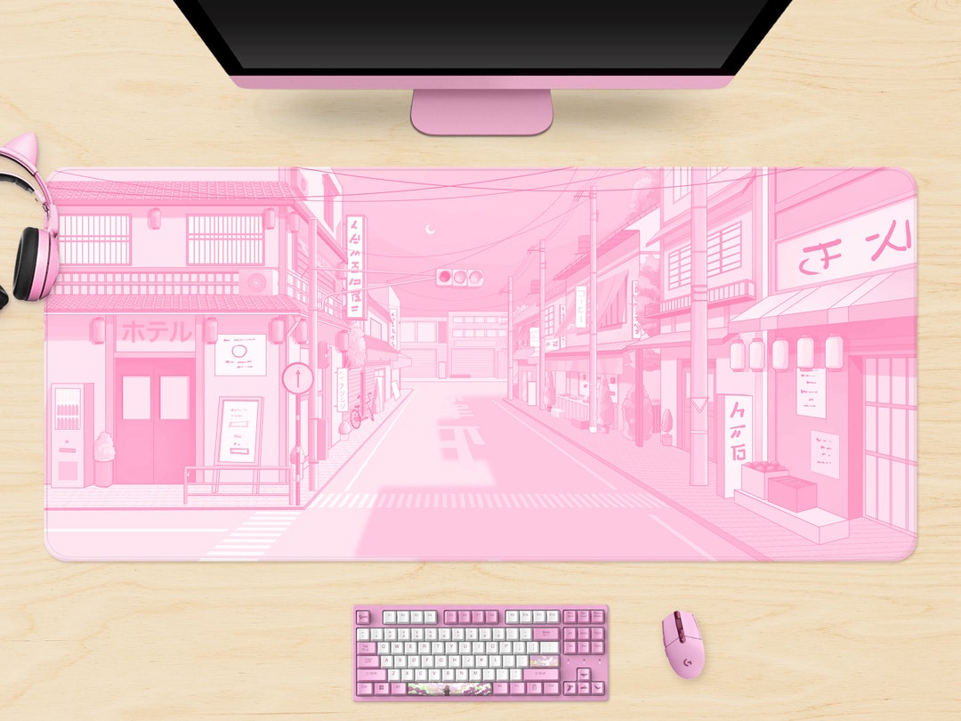Pink Anime Desk Mat Xl,kawaii Mousepad Tokyo Street, Retro Lo-fi Pastel ...