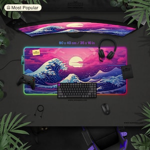Great Wave Mouse Pad LED: Large Desk Mat RGB, Neon Purple Japanese ...