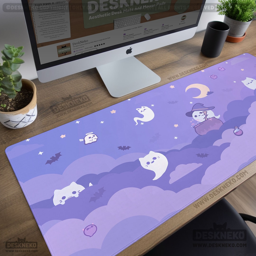 Cute Witchy Desk Mat, Spooky Cats Mouse Pad, Large Gaming Mousepad Led ...