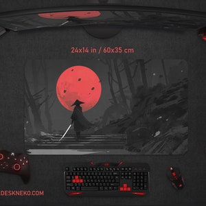 Red Moon Samurai Desk Mat Japanese Mousepad, LED RGB Gaming Deskpad ...
