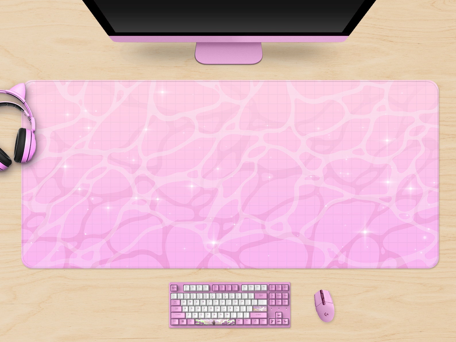 Turquoise Desk Mat Wave, Cyan Mouse Pad Kawaii, Cute Anime Aesthetics ...