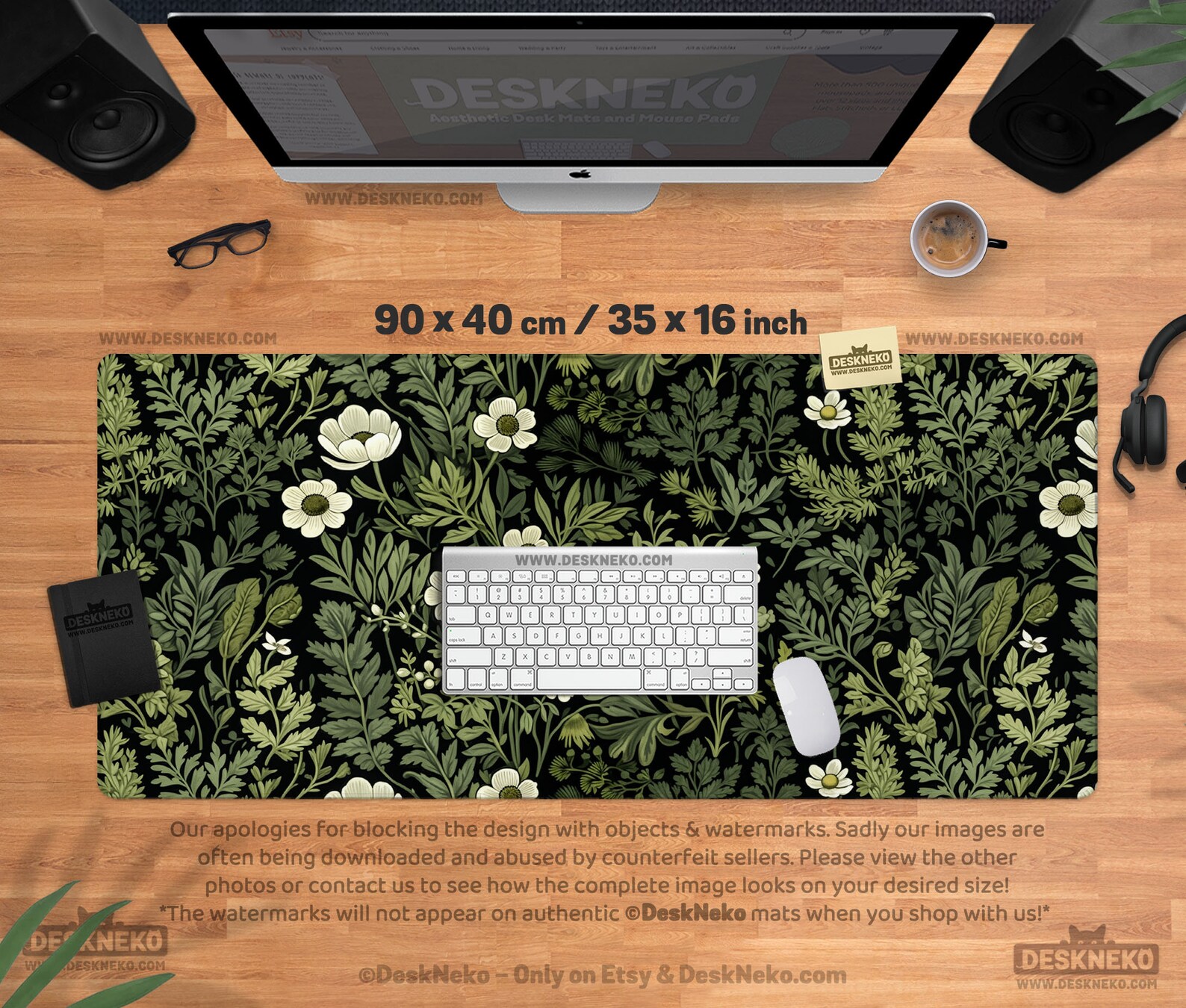 Dark Green Desk Mat Mouse Pad, Botanical Deskmat Xl, Cottagecore Plants ...