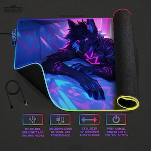 Furry Desk Mat, Large Mouse Pad LED: Gaming Deskmat RGB, Neon Dog Fox ...