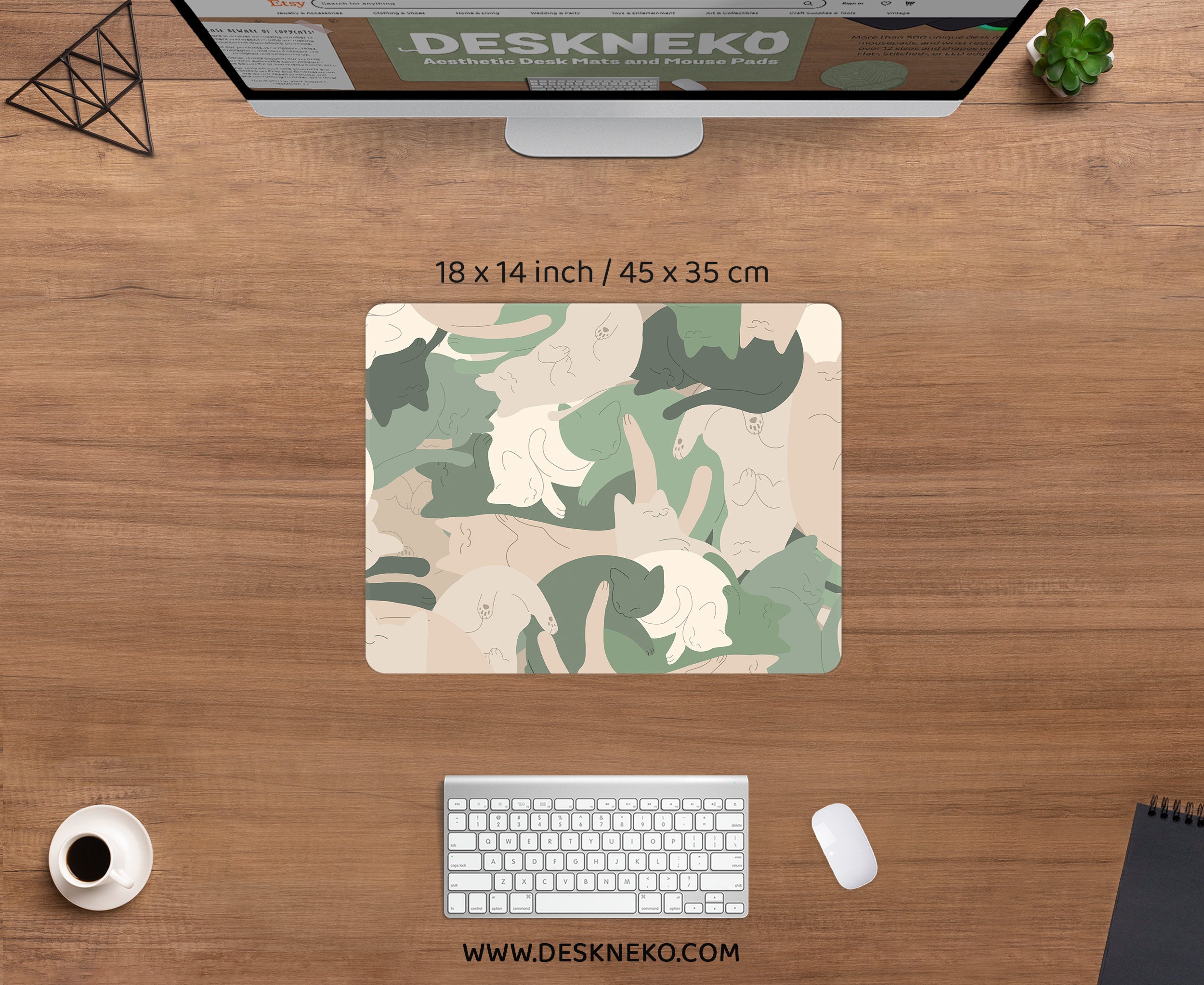 Cute Cats Desk Mat Large, Sage Green Mouse Pad Matcha, Beige off White ...