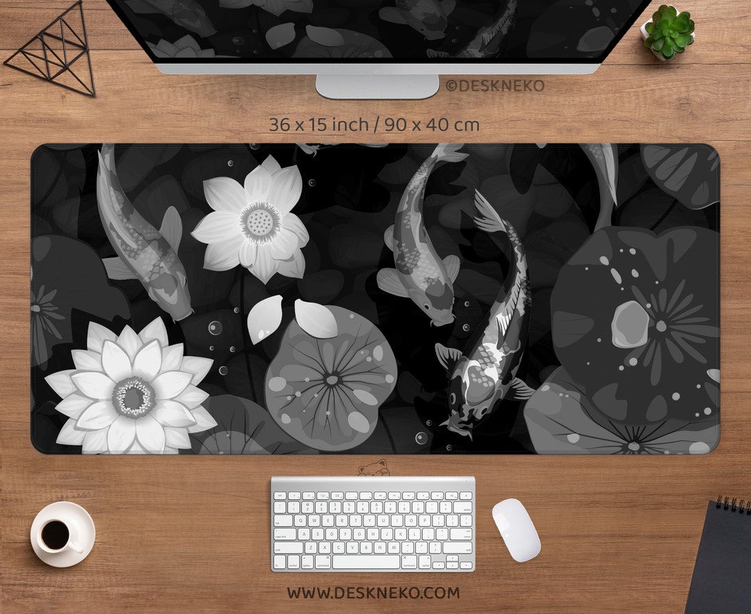 Japanese Desk Mat Koi Fish, Black and White Mousepad Grey, Japan Mouse ...
