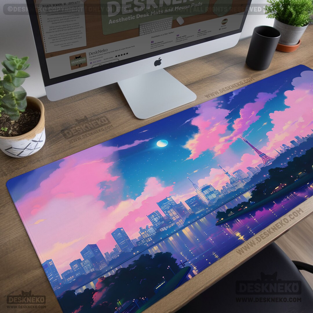 Tokyo Desk Mat Anime, City Skyline Mouse Pad, Pastel Moon Mousepad Led ...