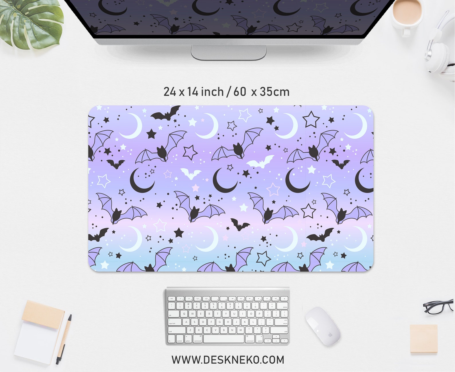 Pastel Goth Desk Mat, Cute Witch Mousepad, Bats Moon and Stars, Xxl ...
