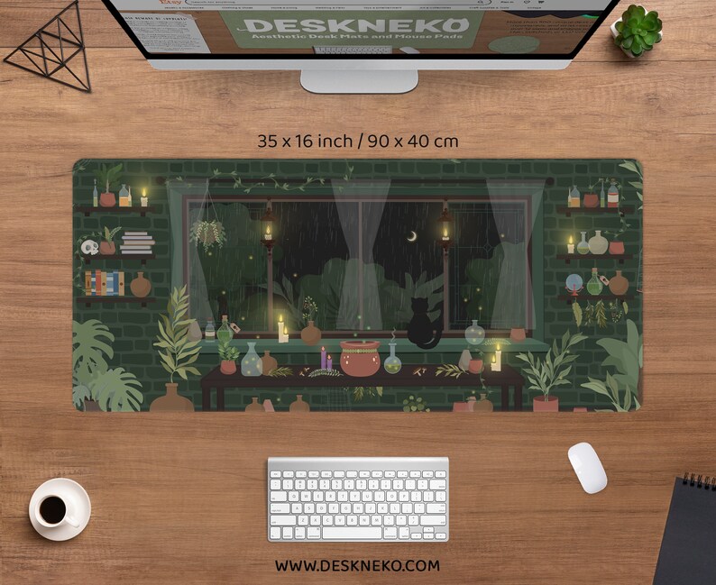 Witchy Desk Mat Green, Plants Mouse Pad, Cozy Rainy Night Moonlight ...