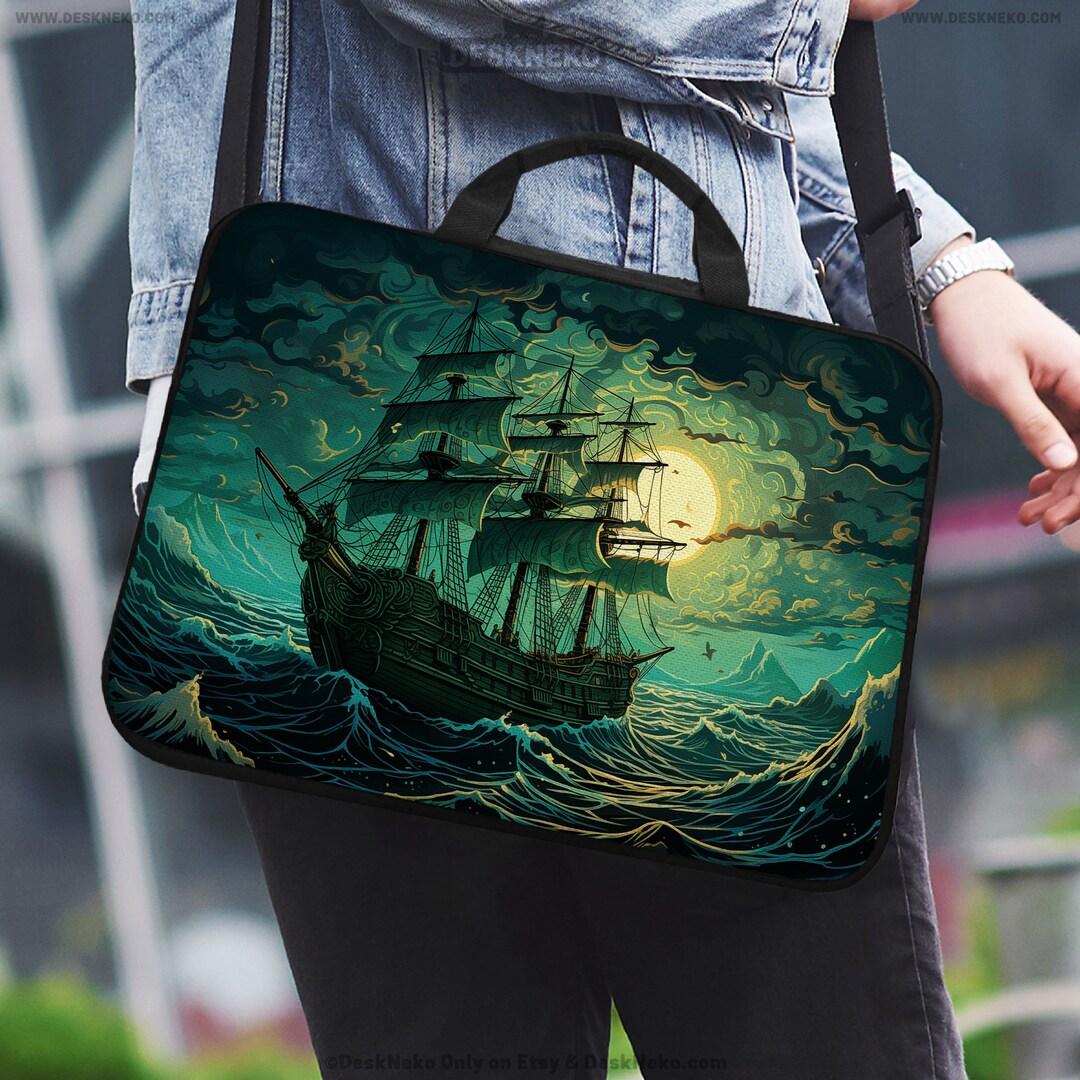 Pirate Ship Laptop Sleeve, Computer Bag for Men/boys, Green Viking Art ...