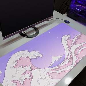 Pink Wave Desk Mat Kawaii, Pastel Mousepad Cute, Blue Purple Great Wave ...