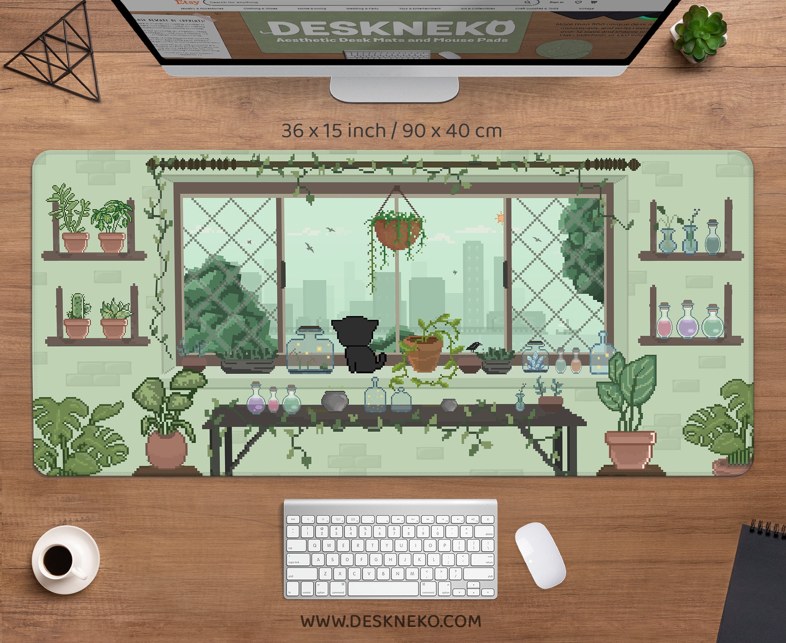 Cute Green Mousepad Aesthetic, Plants Desk Mat Kawaii, Lofi Black Cat ...