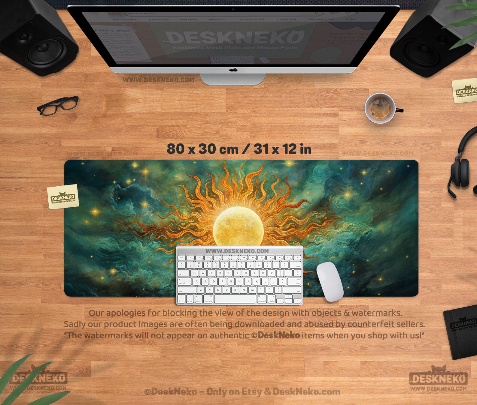Celestial Desk Mat Green Gold Mouse Pad, Witchy Moon Deskmat, Mystic ...