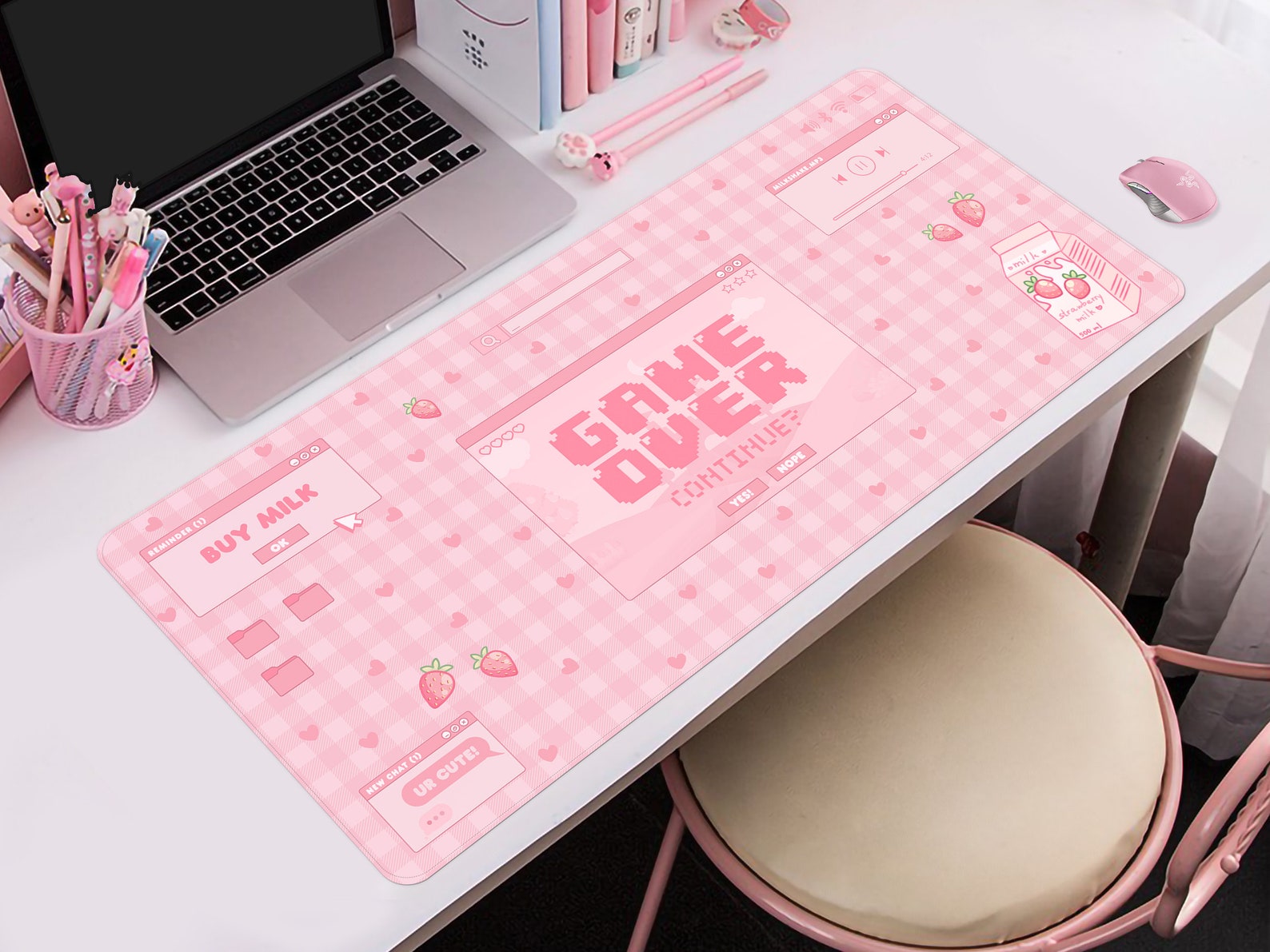 Strawberry Milk Desk Mat Kawaii Mousepad Xl Cute Pastel Pink - Etsy