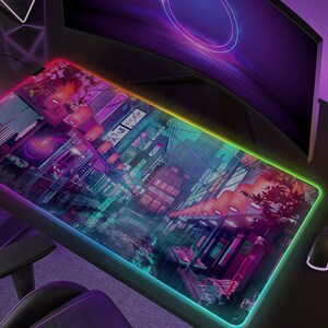 RGB Desk Mat Gaming Mousepad LED, Retro Neon Tokyo Vaporwave Synthwave ...