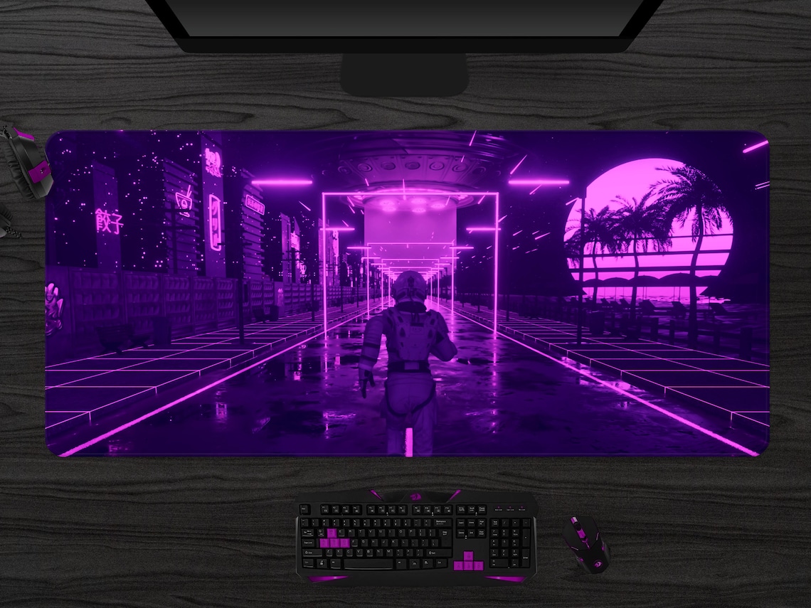 Purple Gaming Desk Mat Xl Neon Tokyo Mousepad Futuristic - Etsy