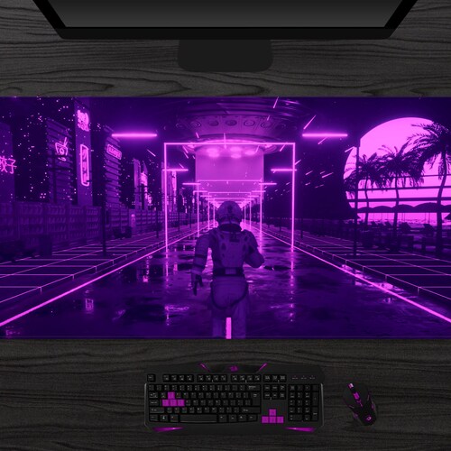 Purple Gaming Desk Mat Vaporwave Mousepad Xl Neon Tokyo - Etsy