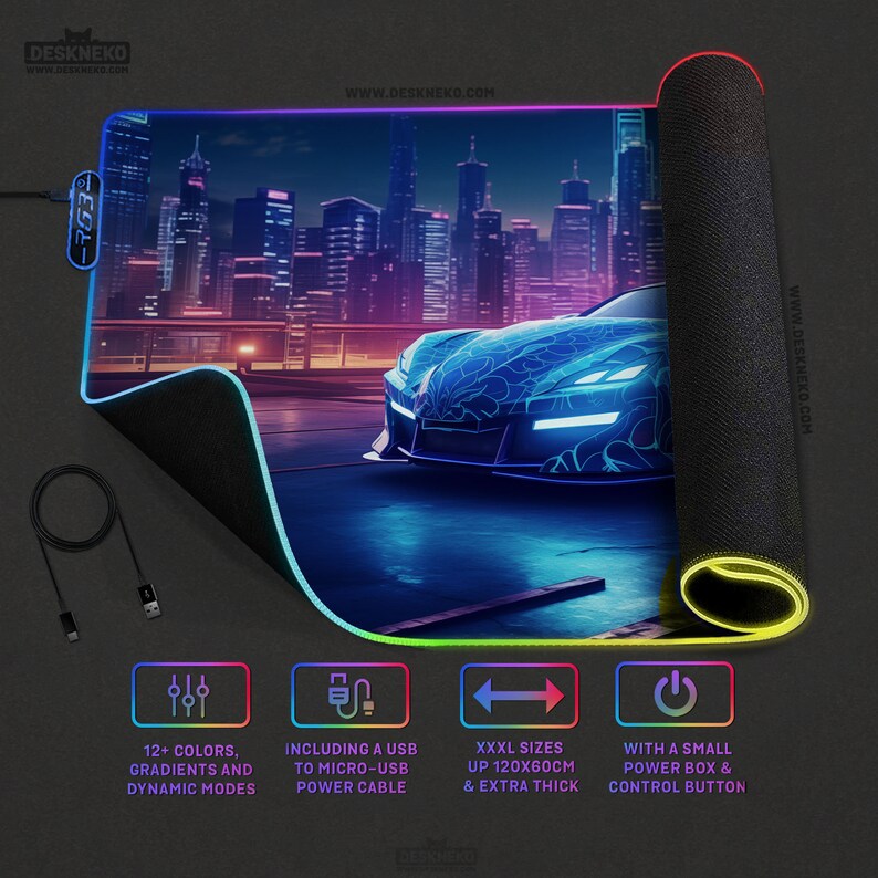 Race Car Mouse Pad LED: Gaming Desk Mat RGB, Neon Purple Cyberpunk ...