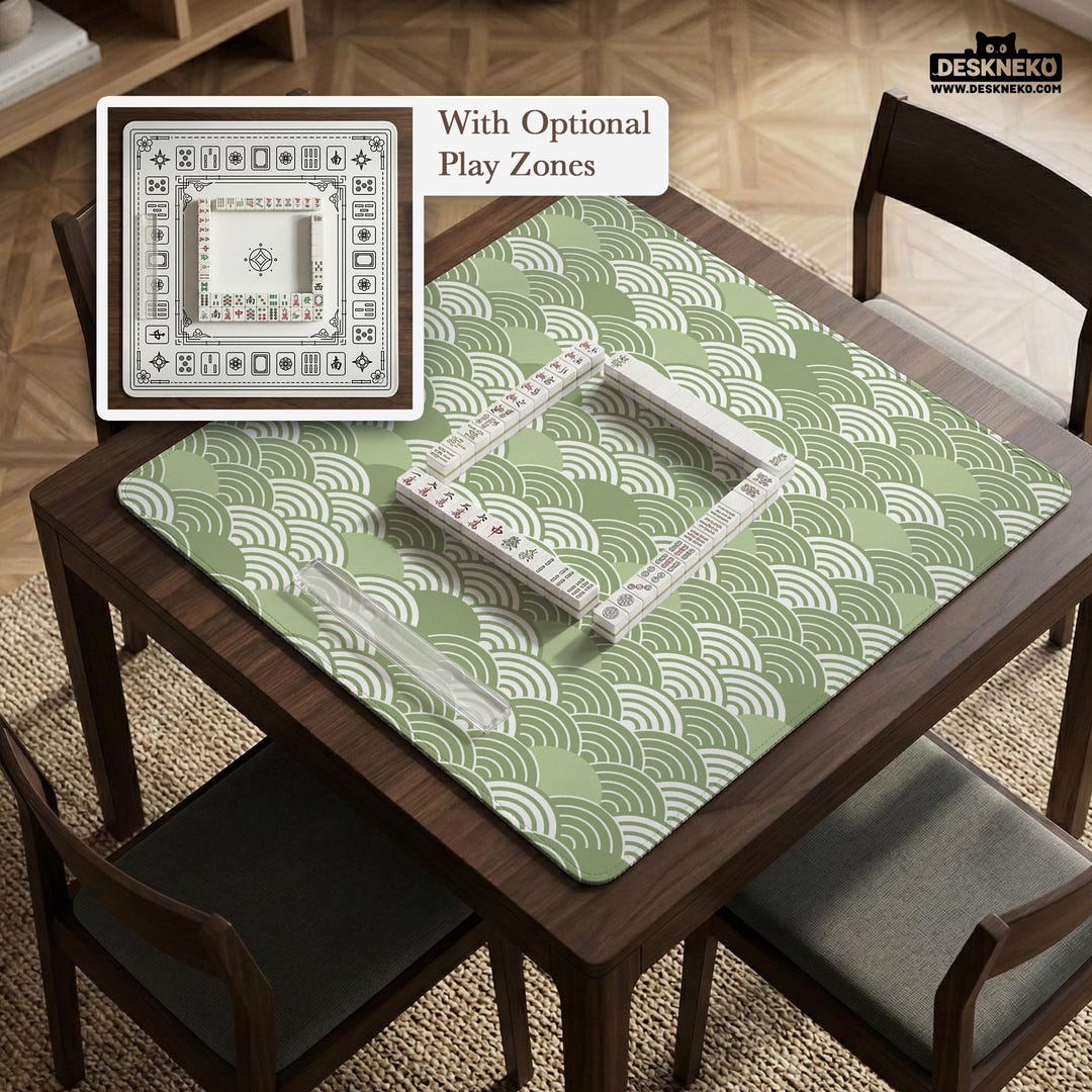 Mahjong Mat, Sage Green Seigaiha Wave Table Mat, Japanese Riichi ...