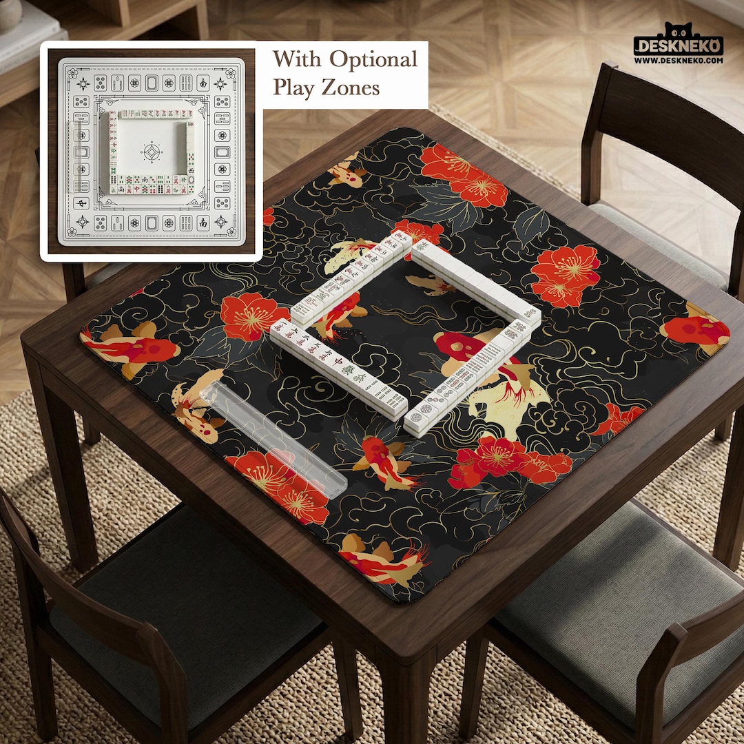 Mahjong Mat, Koi Fish Cherry Blossom Black Gold, Playmat Japanese ...