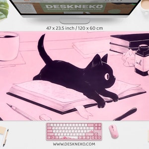 Pink Desk Mat Cute Cat, Aesthetic Mousepad Pastel, Kawaii Manga Anime ...