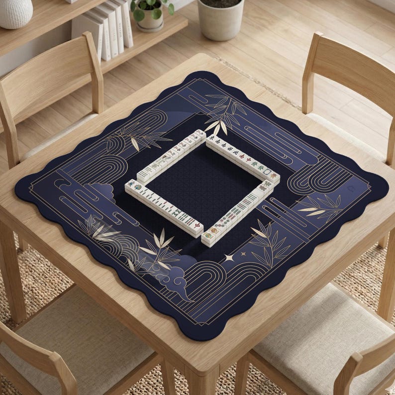 Mahjong Mat, Navy Bamboo Mahjong Table Mat, Elegant Art Deco Tabletop ...