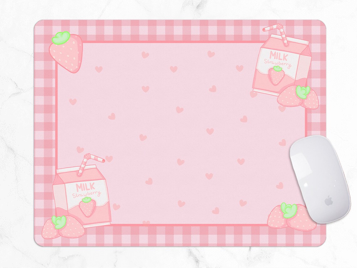 Strawberry Milk Mousepad, Kawaii Pink Gaming Desk Mat, Pastel Anime ...