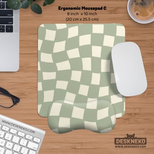 Checkered Mouse Pad With Wrist Rest, Green Groovy Boho Sage Beige ...