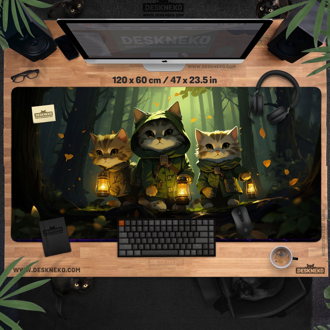 Forest Cats Desk Mat Anime, Cute Green Mouse Pad Xl, Large Gaming ...