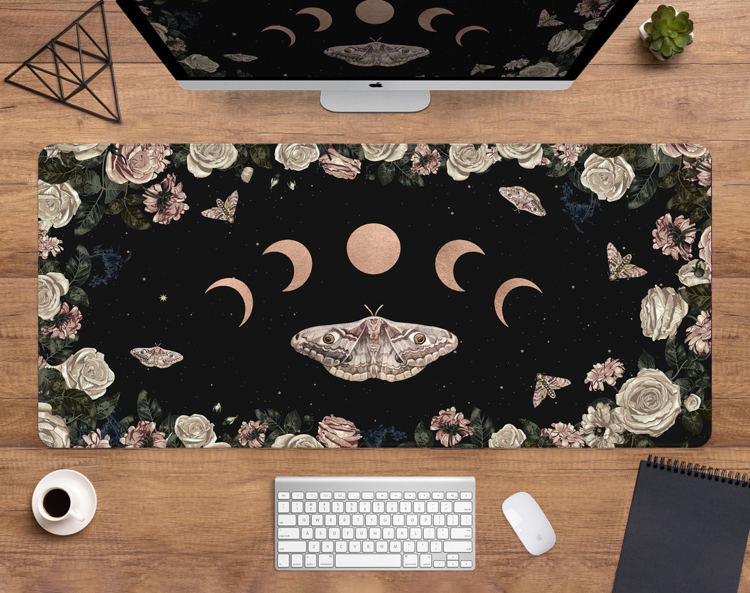 Moon Phases Desk Mat Black, Cottagecore Pale White Roses and ...