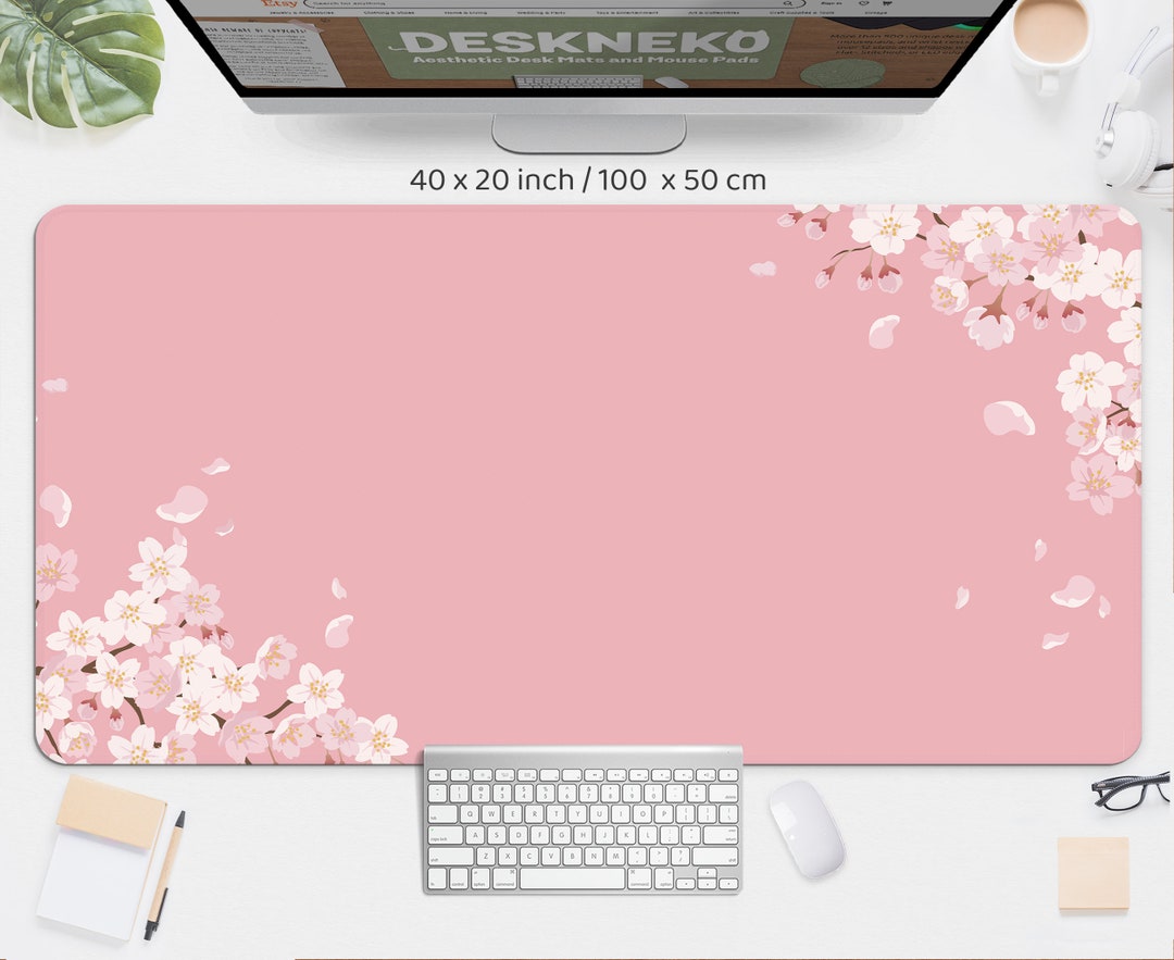 Cherry Blossom Desk Mat, Pink Sakura Mousepad, Cute Kawaii Aesthetic ...