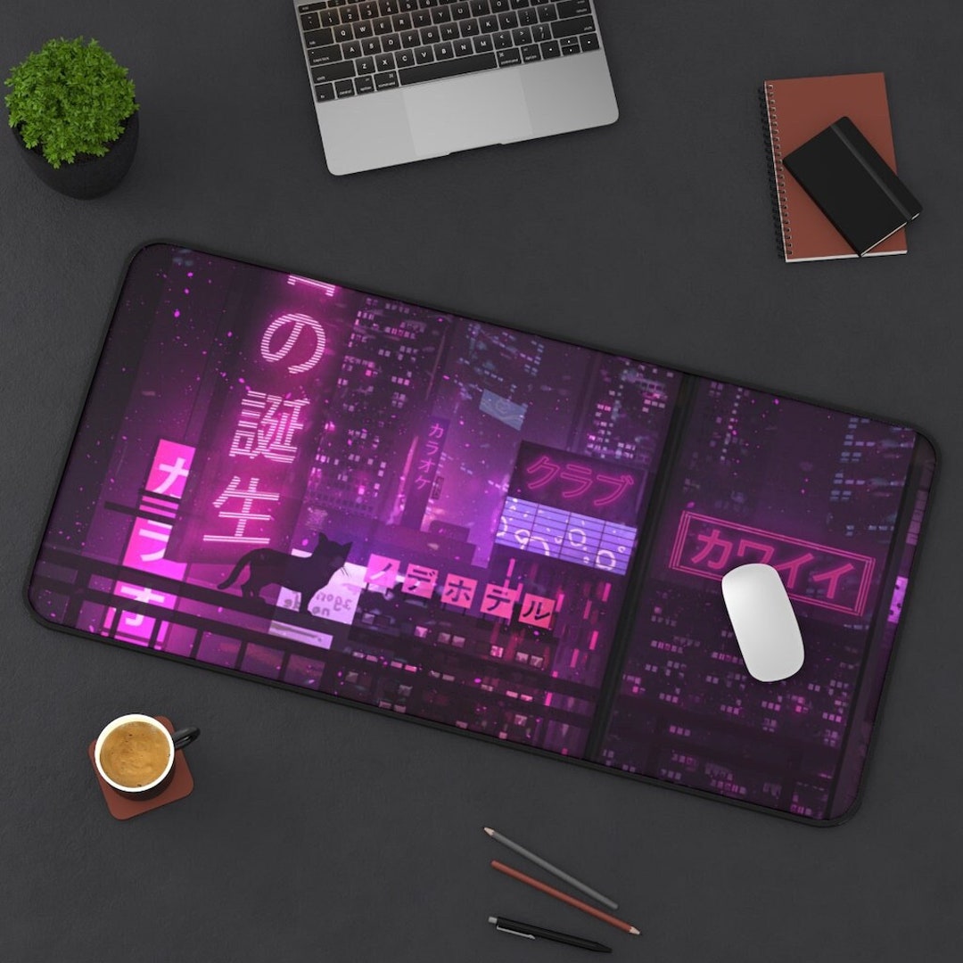 Tokyo Gaming Mouse Pad, Neon Japan Desk Mat Retro, Vaporwave Purple ...