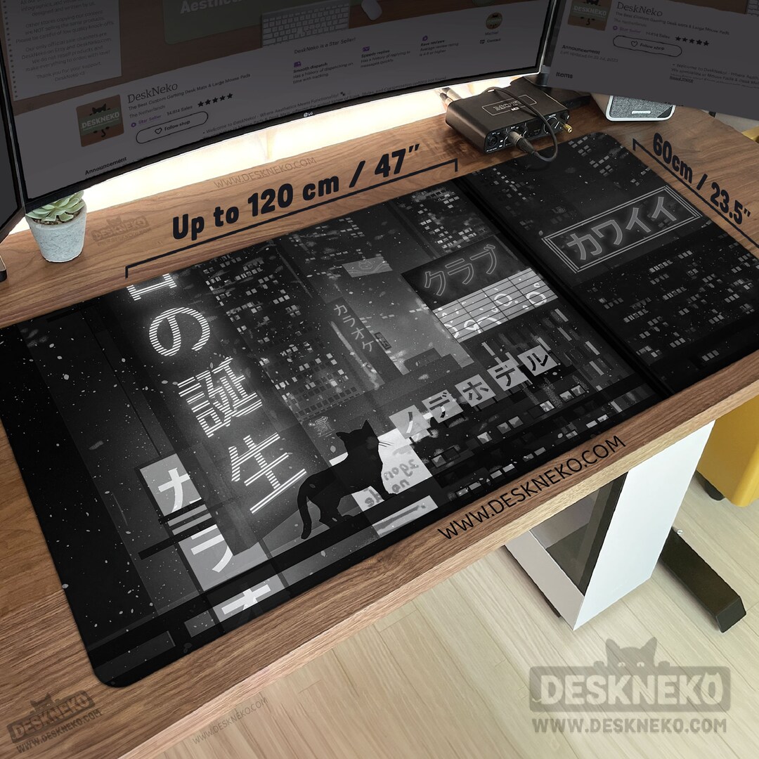 Black Japanese Desk Mat Mouse Pad, Neon Tokyo Keyboard Deskmat, Dark ...