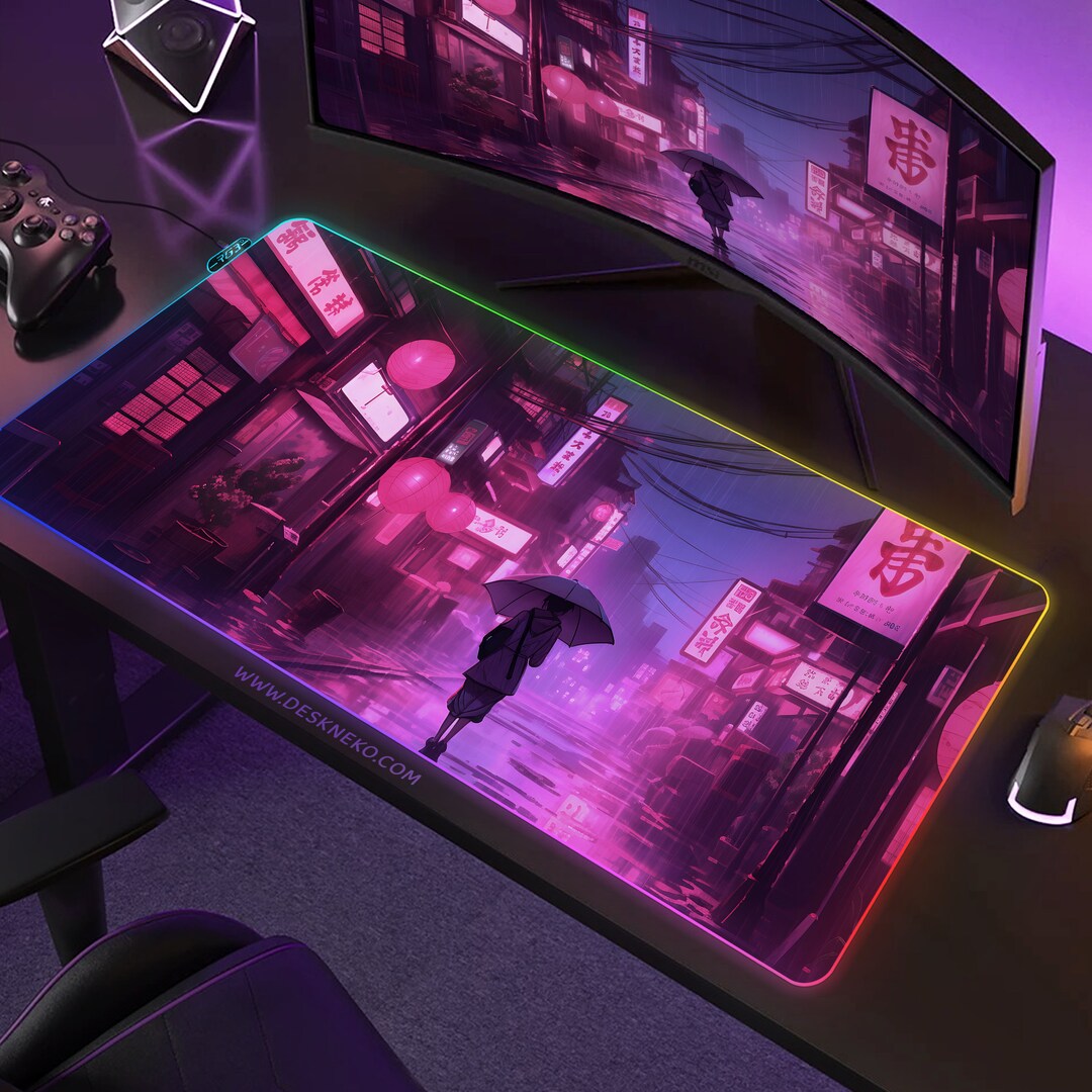 Purple Desk Mat Led, Japanese Tokyo Deskmat, Lofi Cyberpunk City, Rainy ...