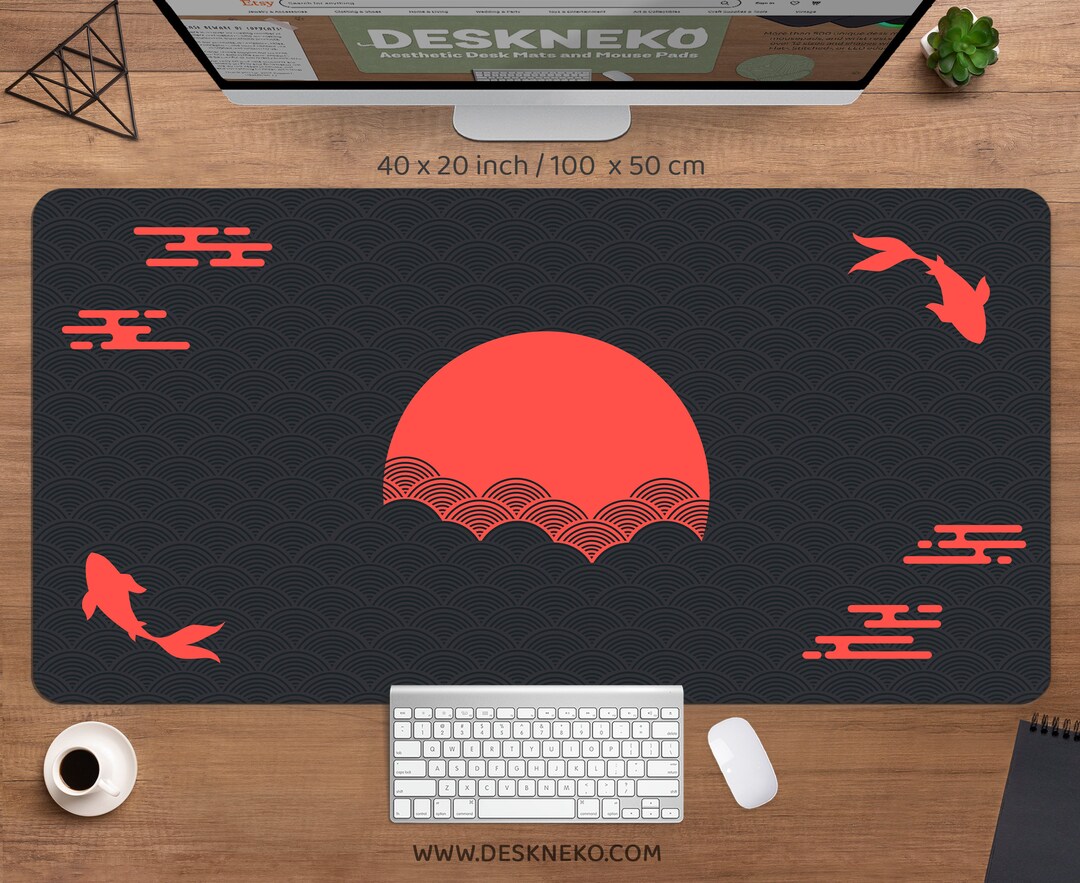 Japanese Desk Mat, Black & Red Mousepad, Koi Fish Sun Cloud Japan Art ...
