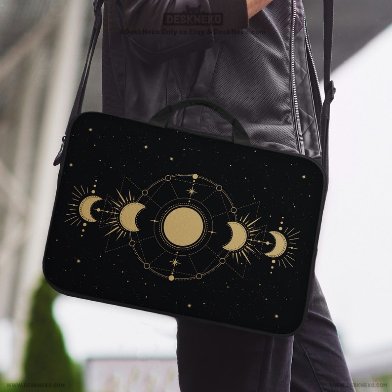 Moon Phases Laptop Sleeve, Black Gold Computer Bag for Women, Witchy ...