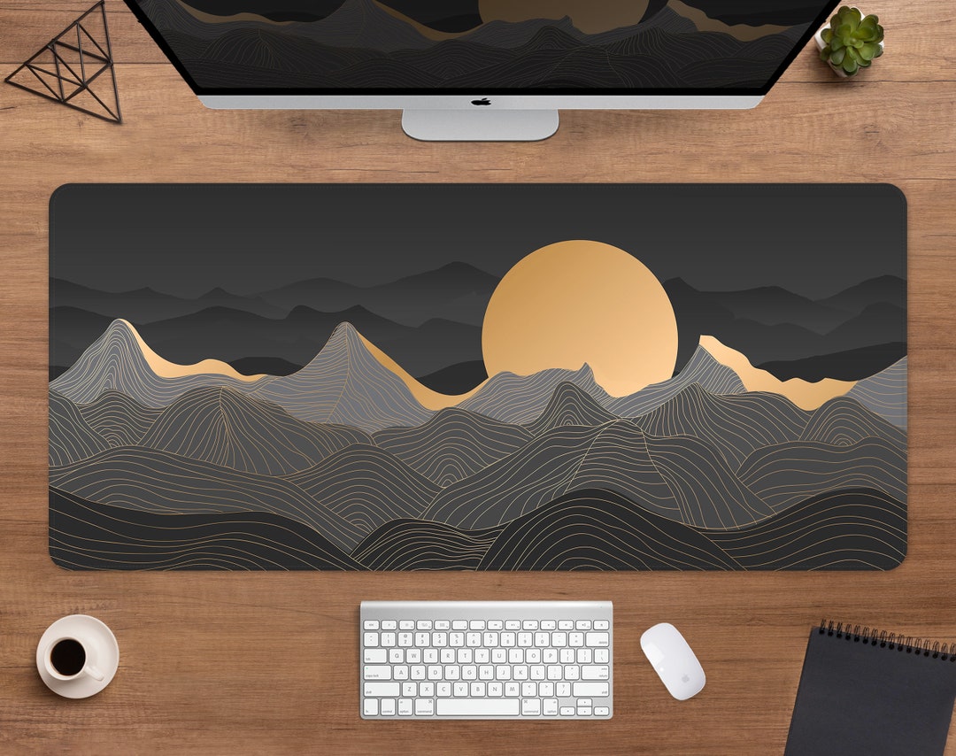Black and Gold Desk Mat Mousepad, Abstract Mountains Hills and Sun ...